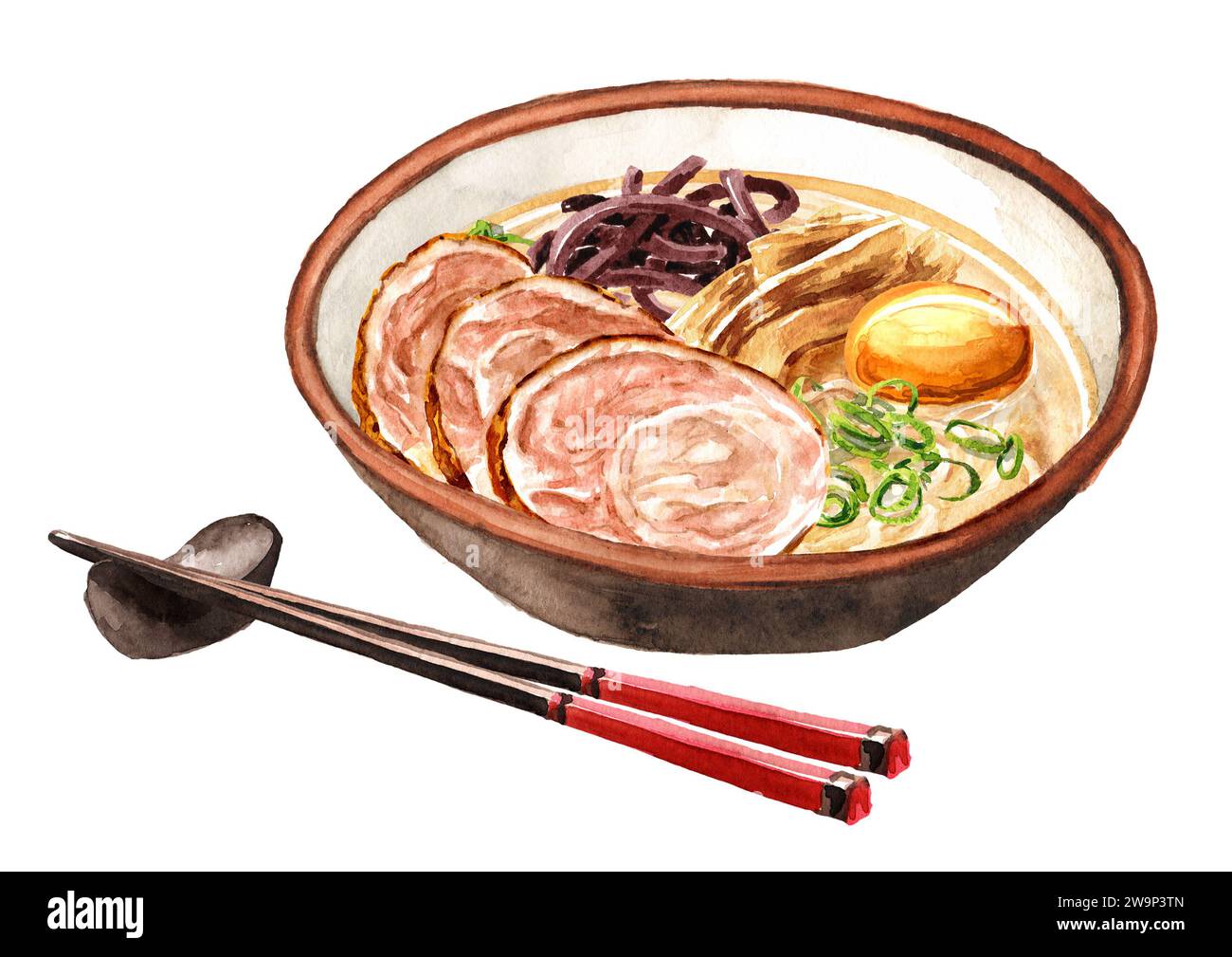 Bowl of Asian soup Ramen Hand drawn watercolor illustration isolated on ...