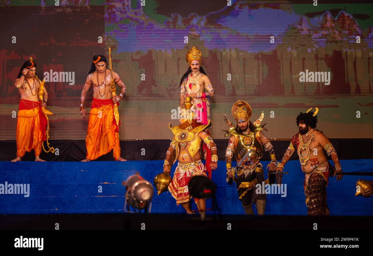Portrait of a male artist playing character of hindu god ram and laxman ...
