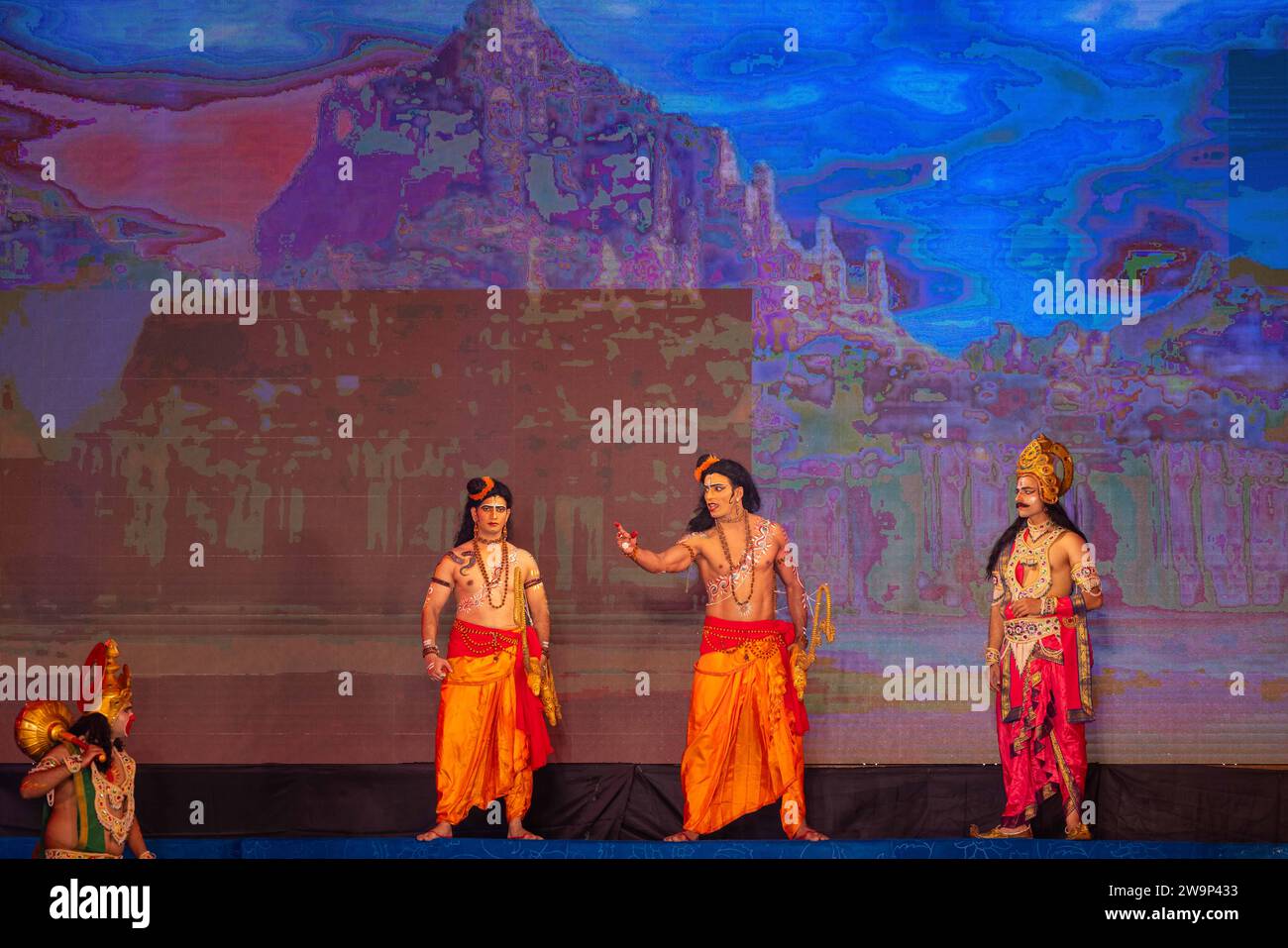 Portrait of a male artist playing character of hindu god ram and laxman ...