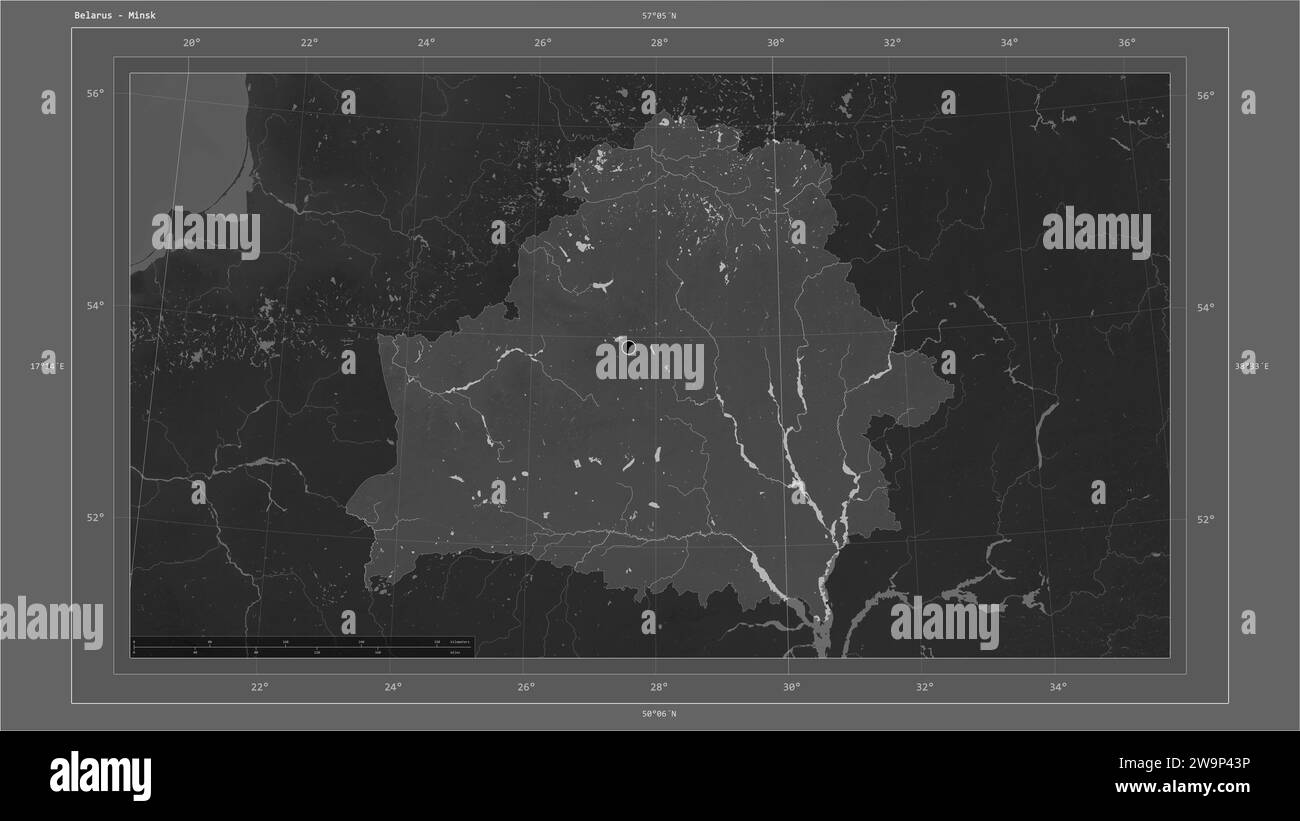 Belarus highlighted on a Grayscale elevation map with lakes and rivers ...