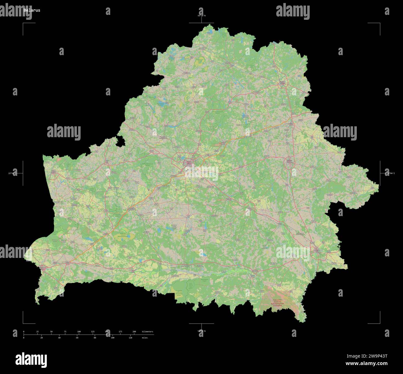 Shape of a topographic, OSM Germany style map of the Belarus, with ...