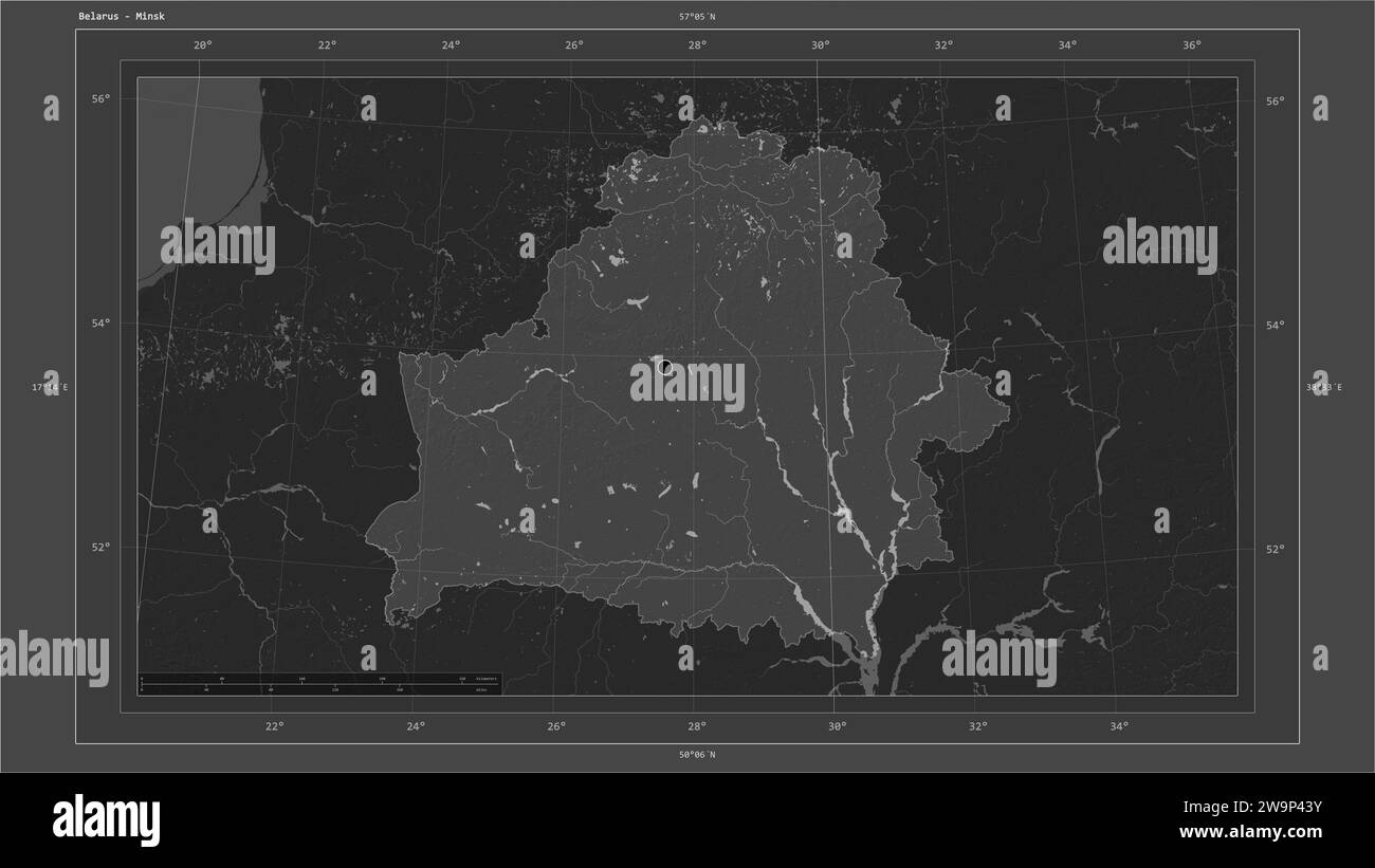 Belarus highlighted on a Bilevel elevation map with lakes and rivers ...