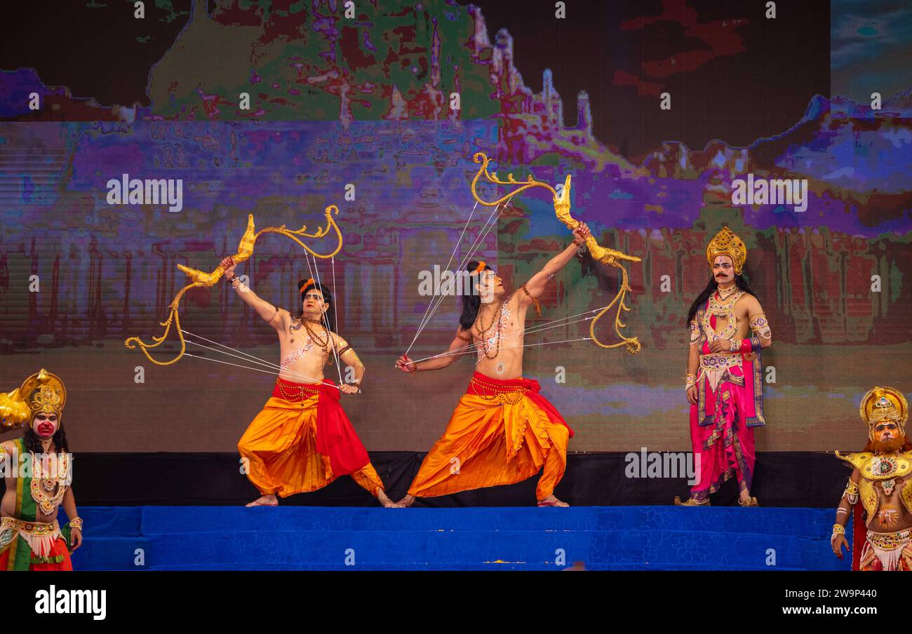 Portrait of a male artist playing character of hindu god ram and laxman ...
