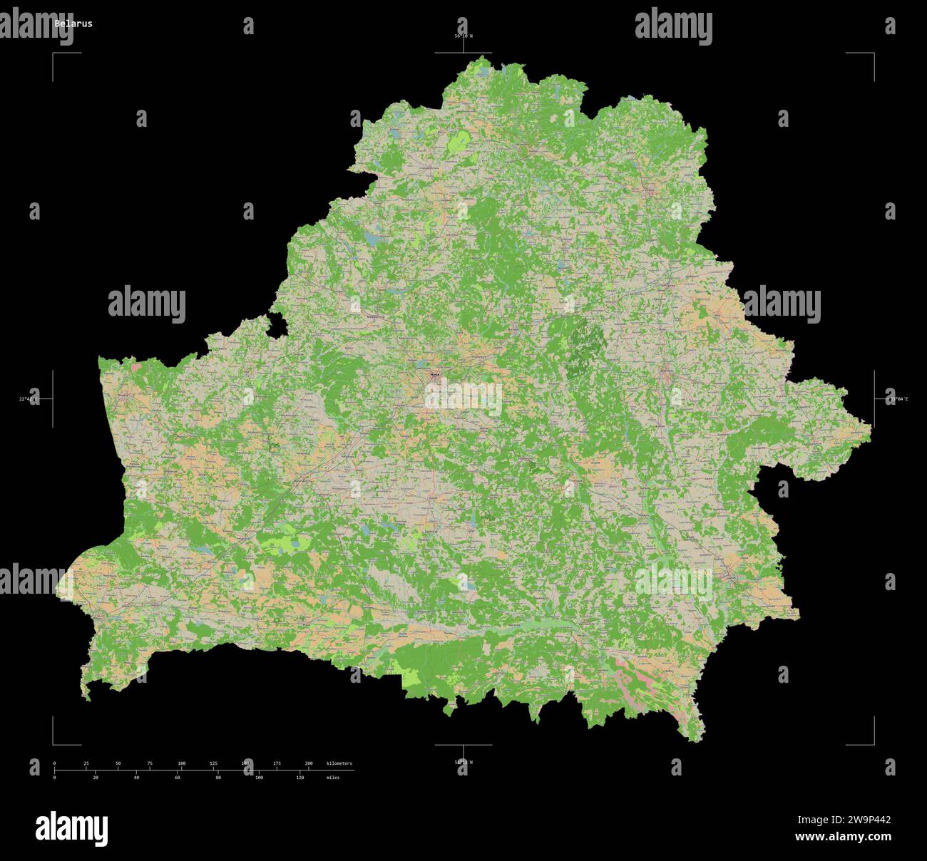 Shape of a topographic, OSM France style map of the Belarus, with ...
