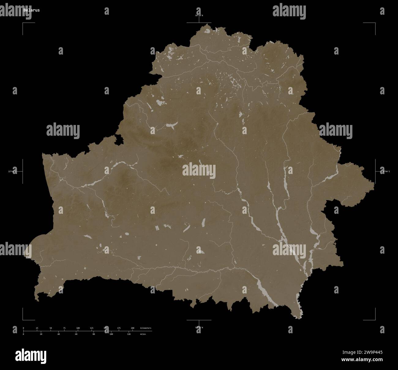 Shape of a elevation map colored in sepia tones with lakes and rivers ...