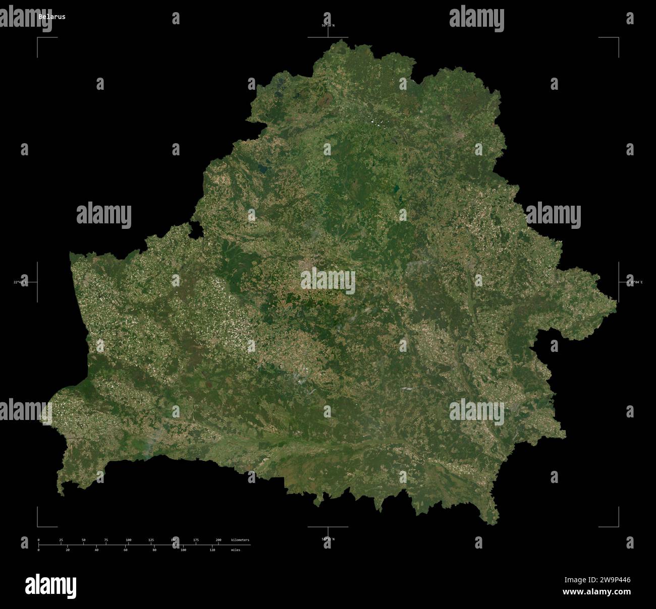 Shape of a low resolution satellite map of the Belarus, with distance ...
