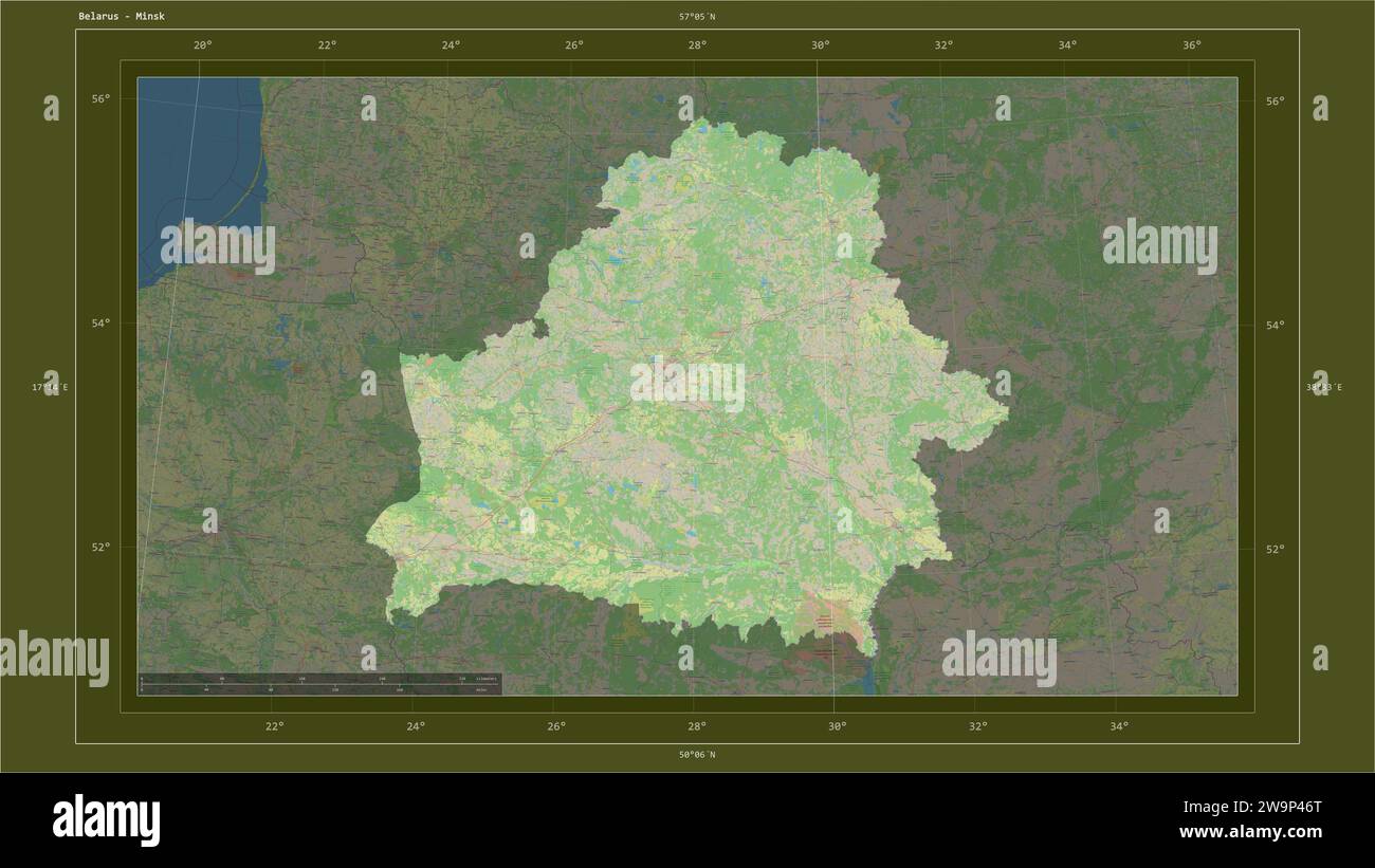 Belarus highlighted on a topographic, OSM standard style map map with the country's capital ...