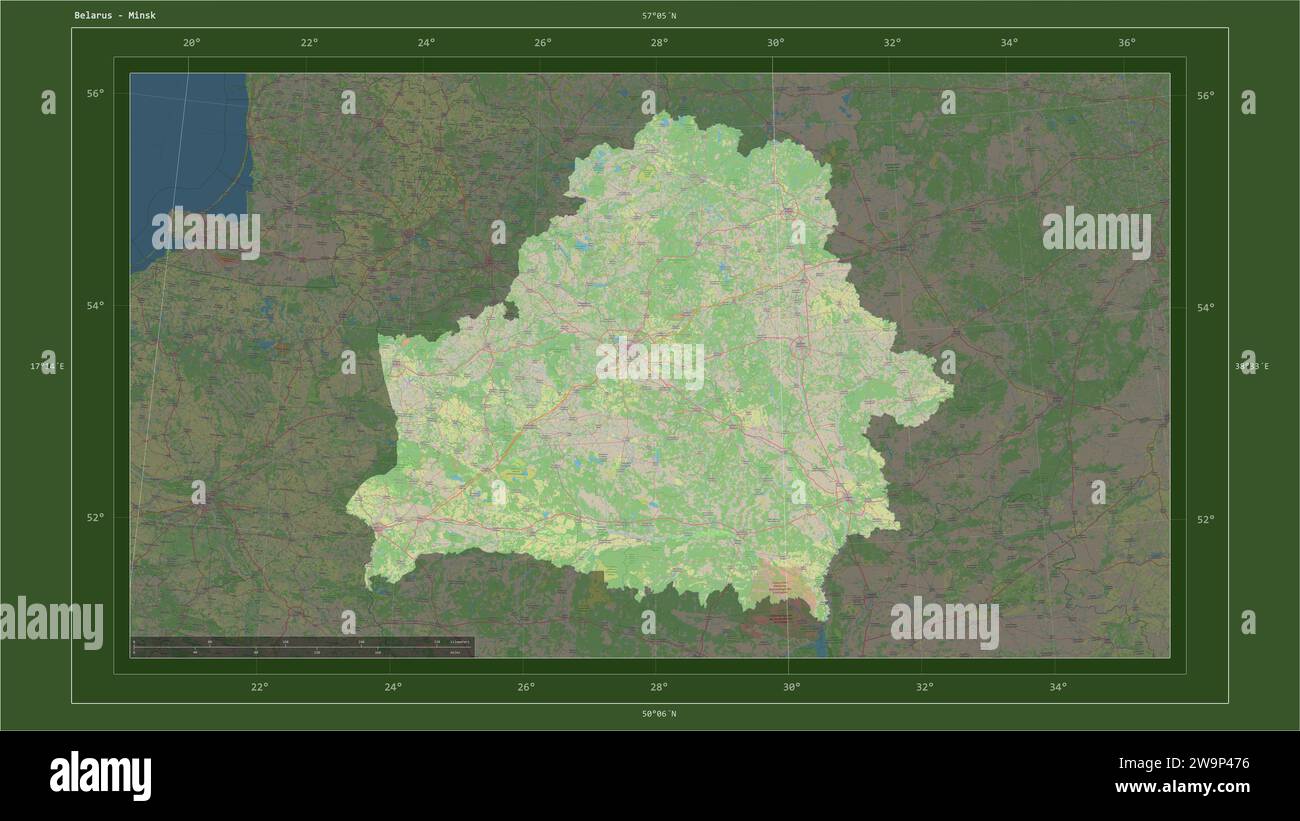Belarus highlighted on a topographic, OSM Germany style map map with ...