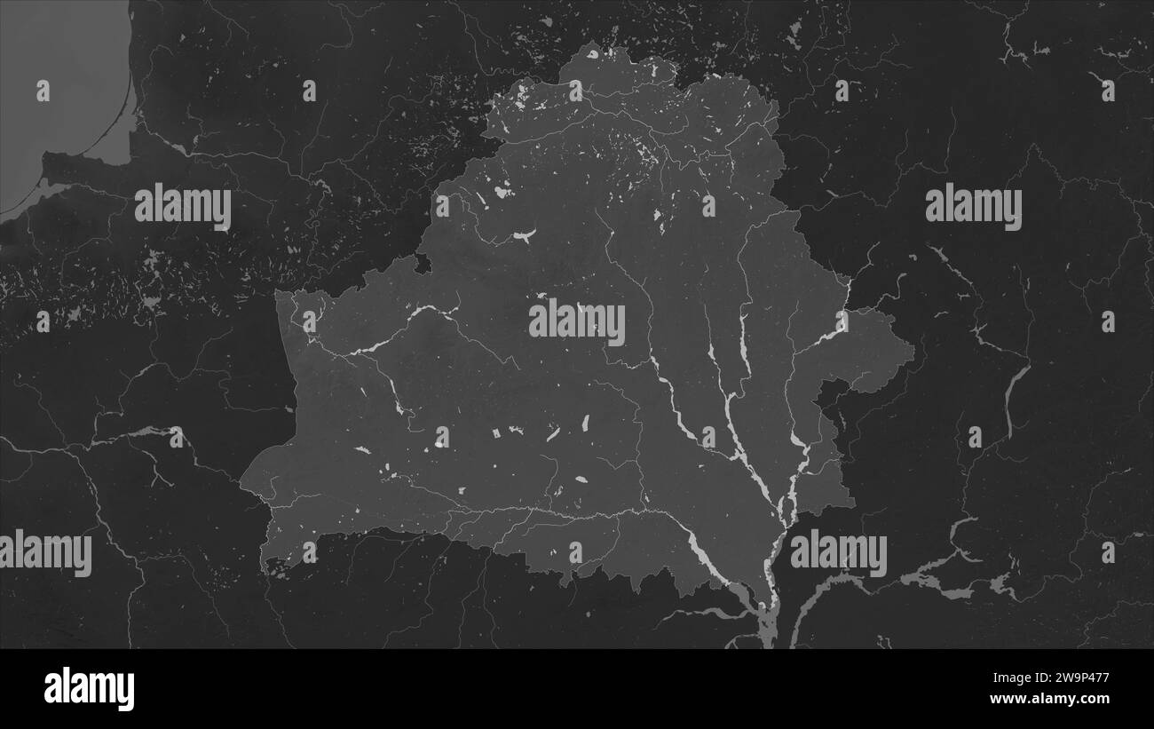 Belarus highlighted on a Grayscale elevation map with lakes and rivers ...