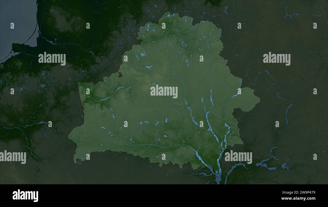 Belarus highlighted on a Colored elevation map with lakes and rivers ...