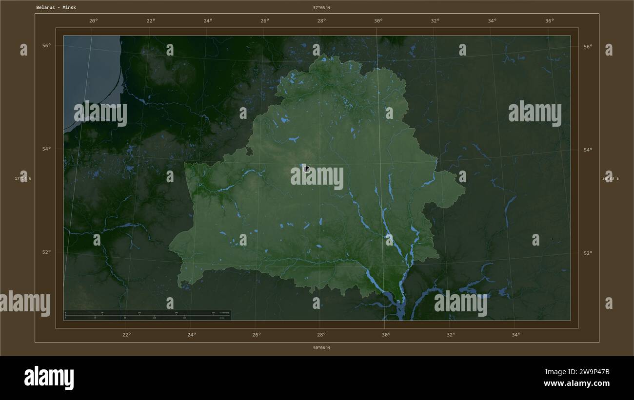 Belarus highlighted on a Colored elevation map with lakes and rivers ...
