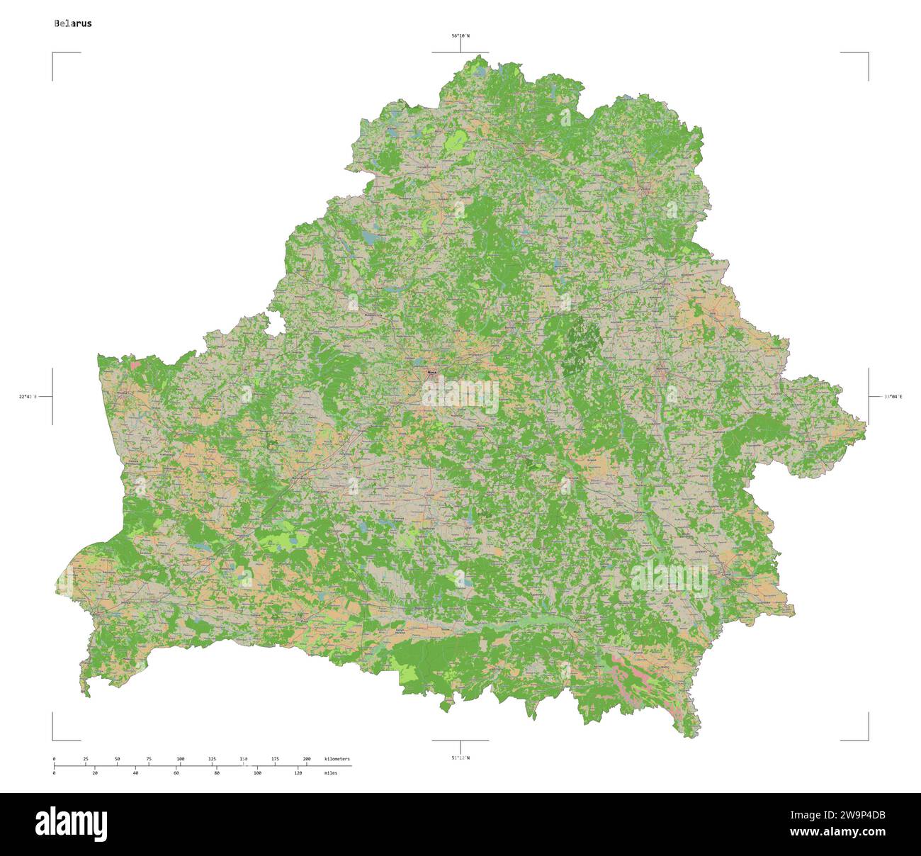 Shape of a topographic, OSM France style map of the Belarus, with ...