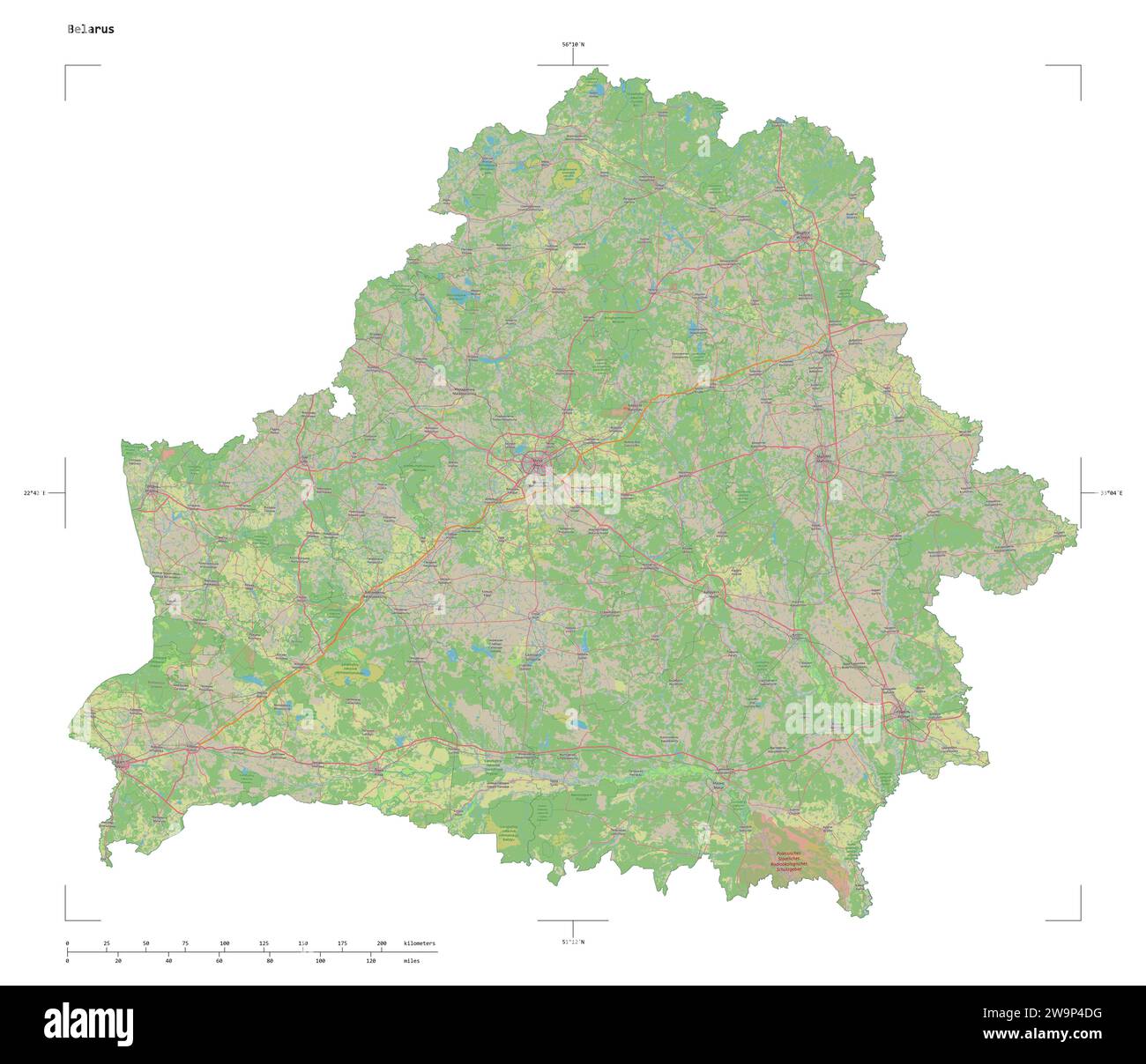 Shape of a topographic, OSM Germany style map of the Belarus, with distance scale and map border ...