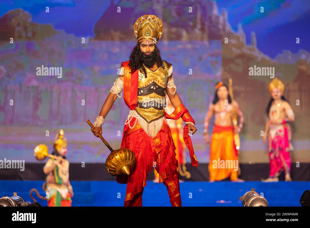 Portrait of a male artist playing character of hindu god ram and laxman ...