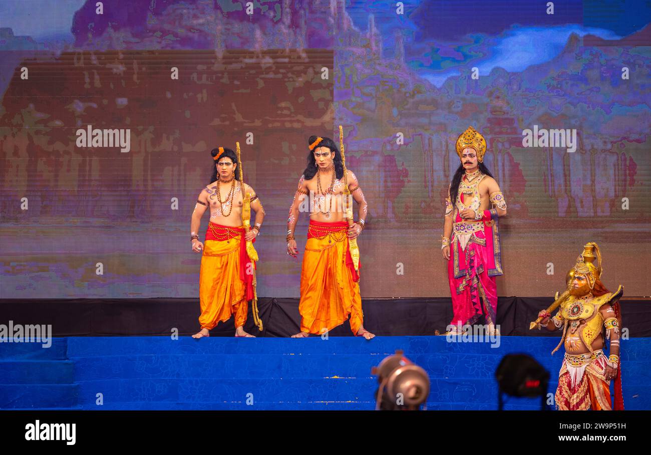 Portrait of a male artist playing character of hindu god ram and laxman ...