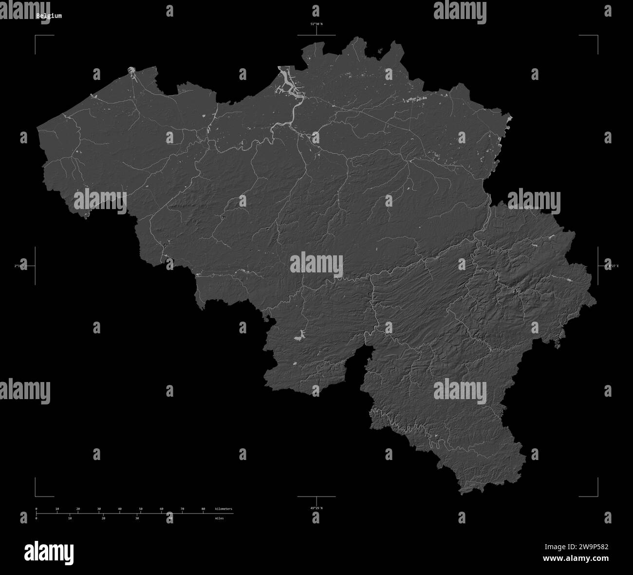 Shape of a Bilevel elevation map with lakes and rivers of the Belgium ...
