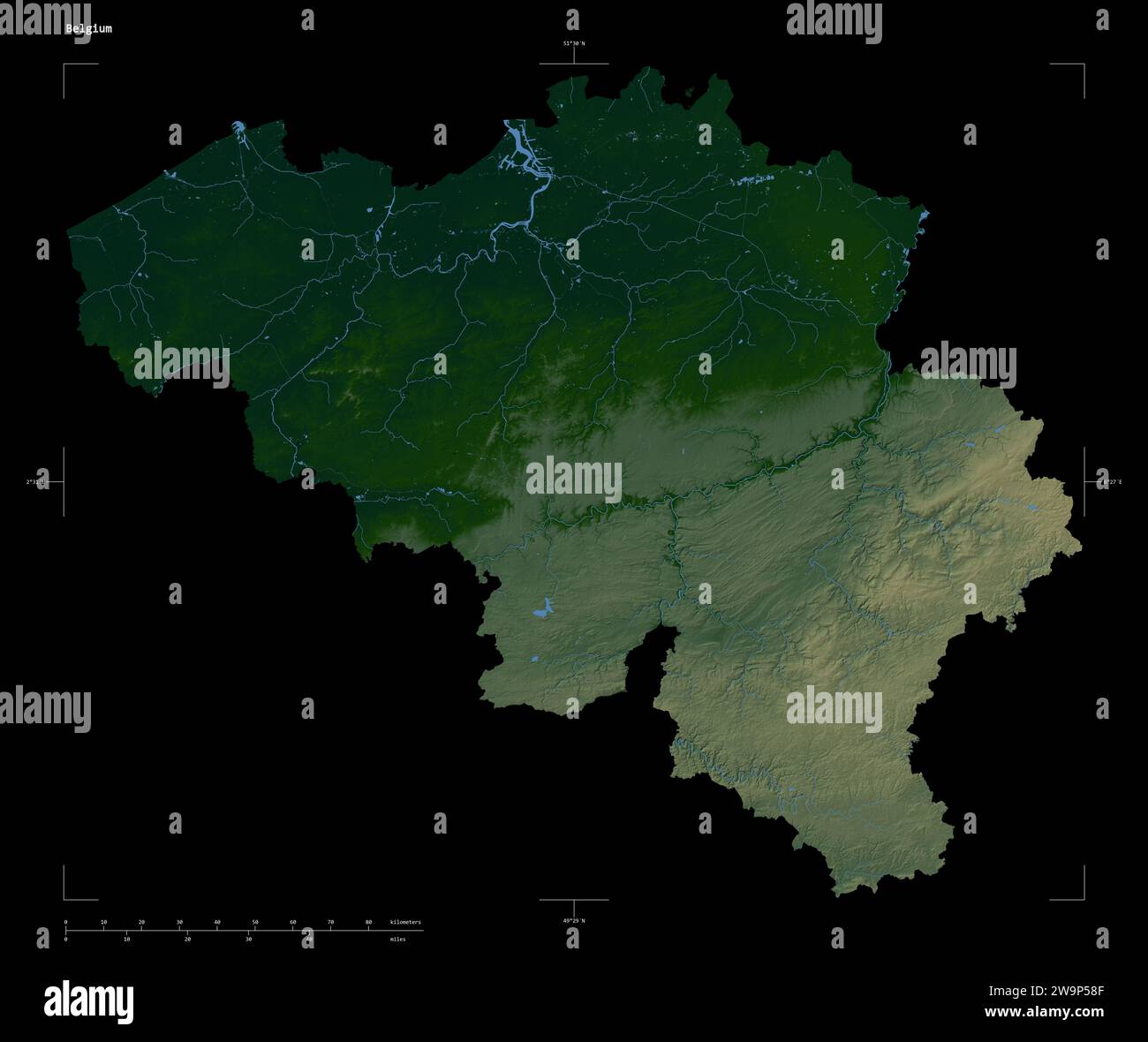Shape of a Colored elevation map with lakes and rivers of the Belgium ...