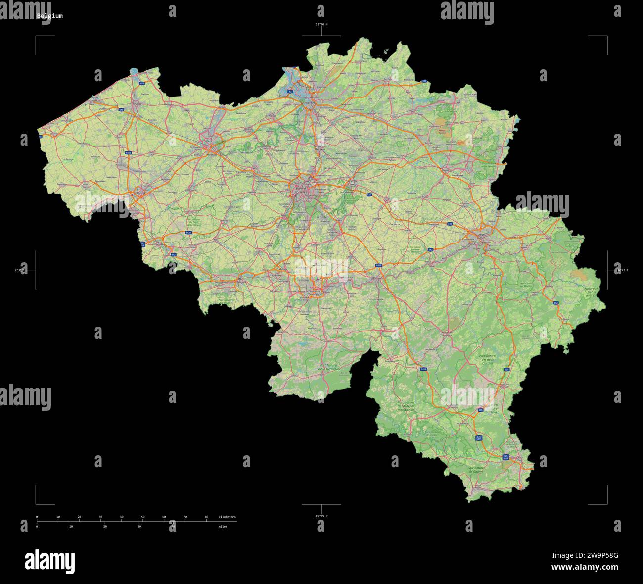 Shape of a topographic, OSM Germany style map of the Belgium, with distance scale and map border ...