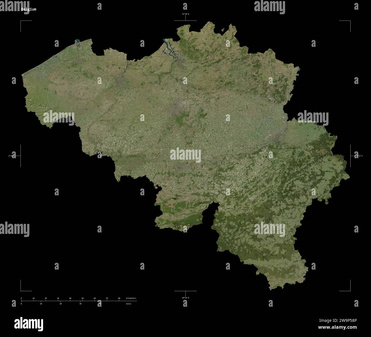 Shape of a high resolution satellite map of the Belgium, with distance ...