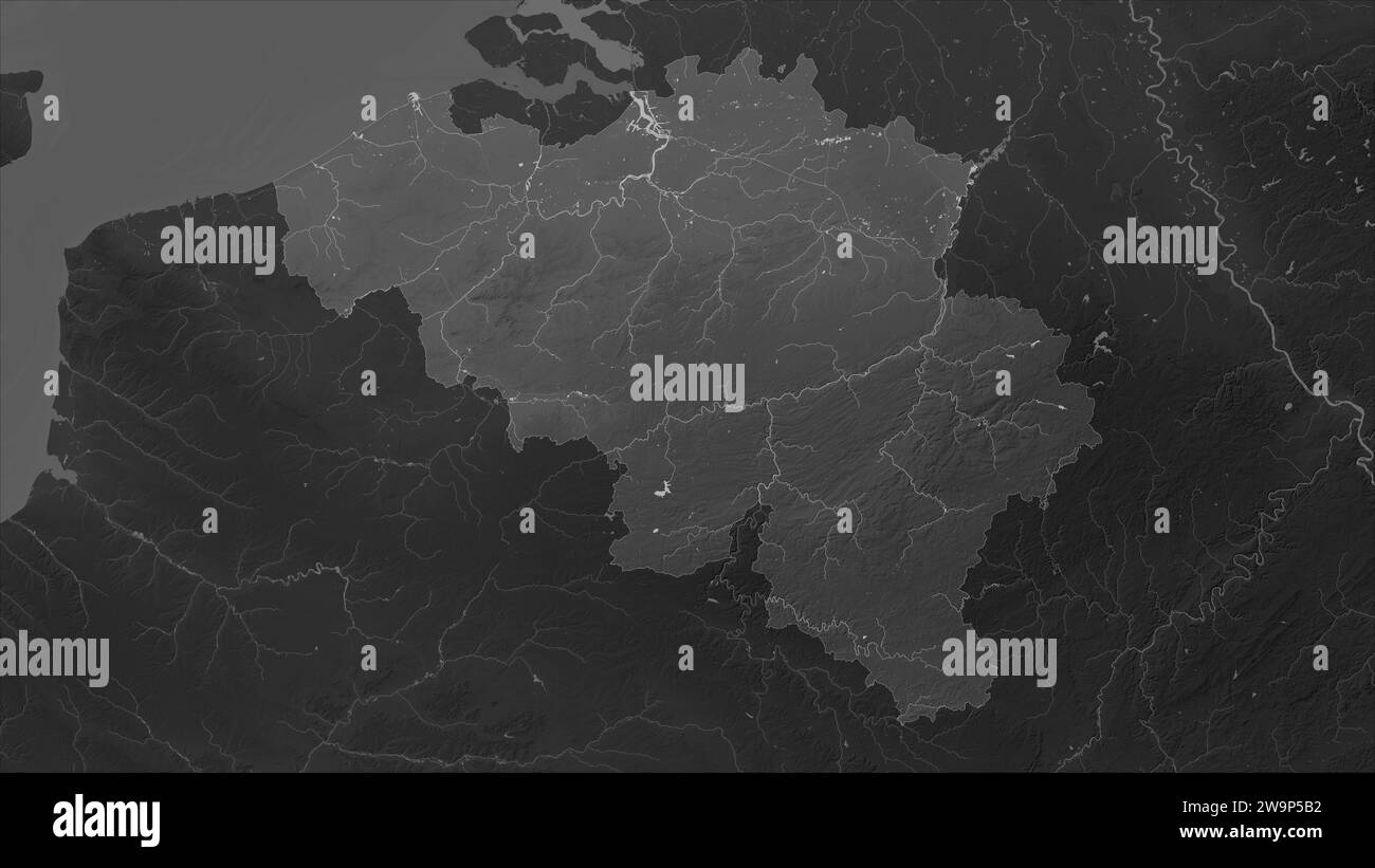 Belgium highlighted on a Grayscale elevation map with lakes and rivers ...