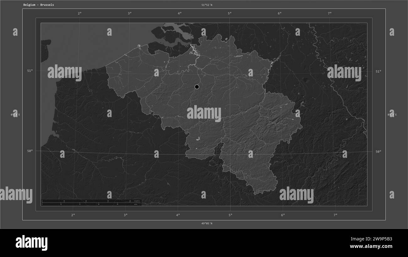 Belgium highlighted on a Bilevel elevation map with lakes and rivers ...