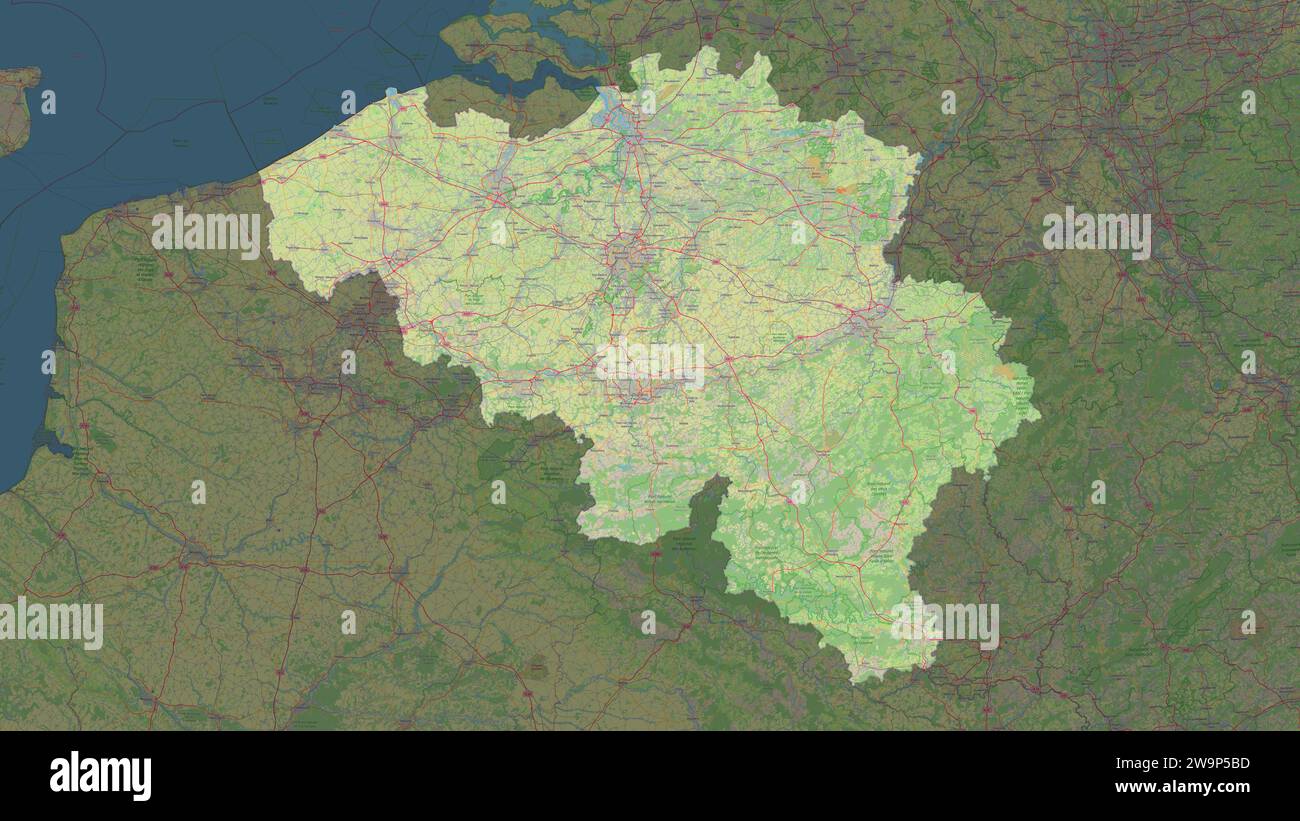 Belgium highlighted on a topographic, OSM standard style map Stock ...
