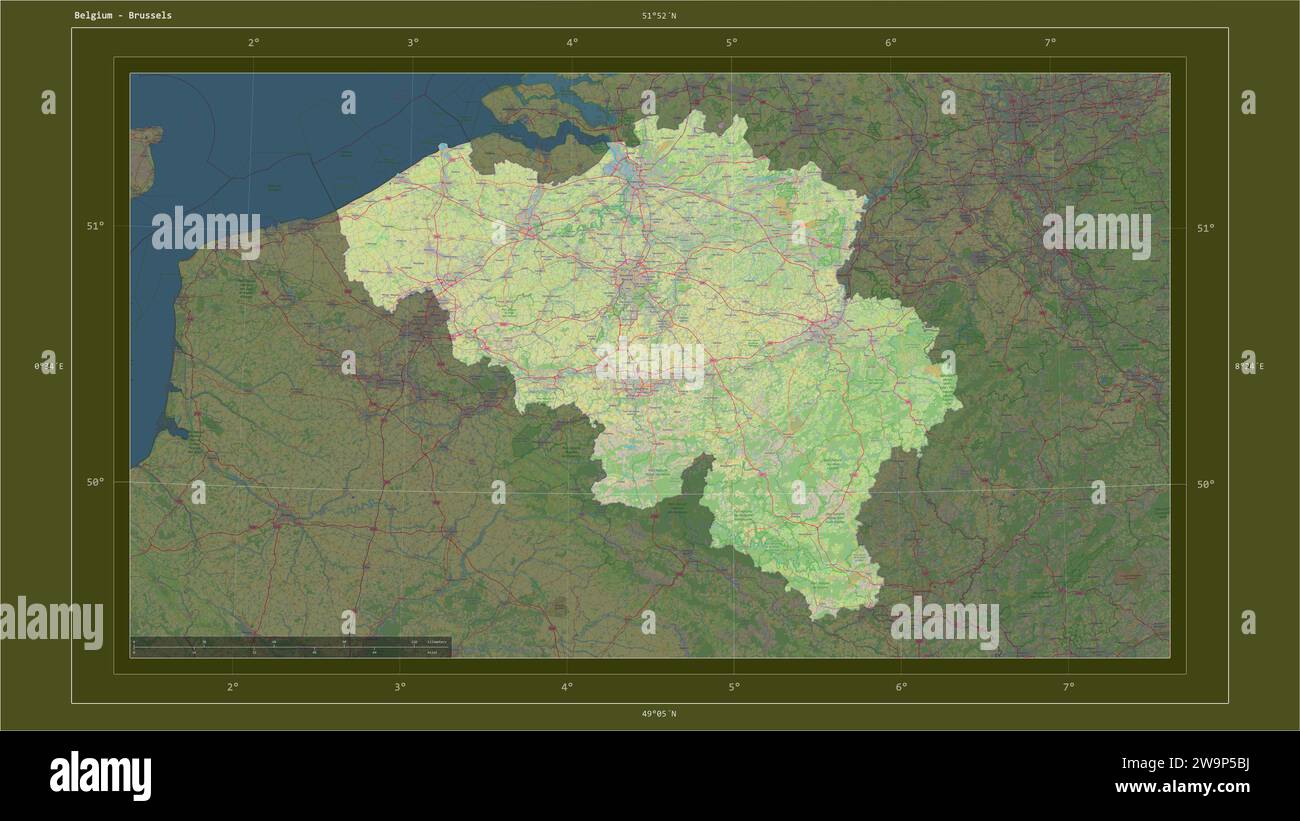 Belgium highlighted on a topographic, OSM standard style map map with the country's capital ...
