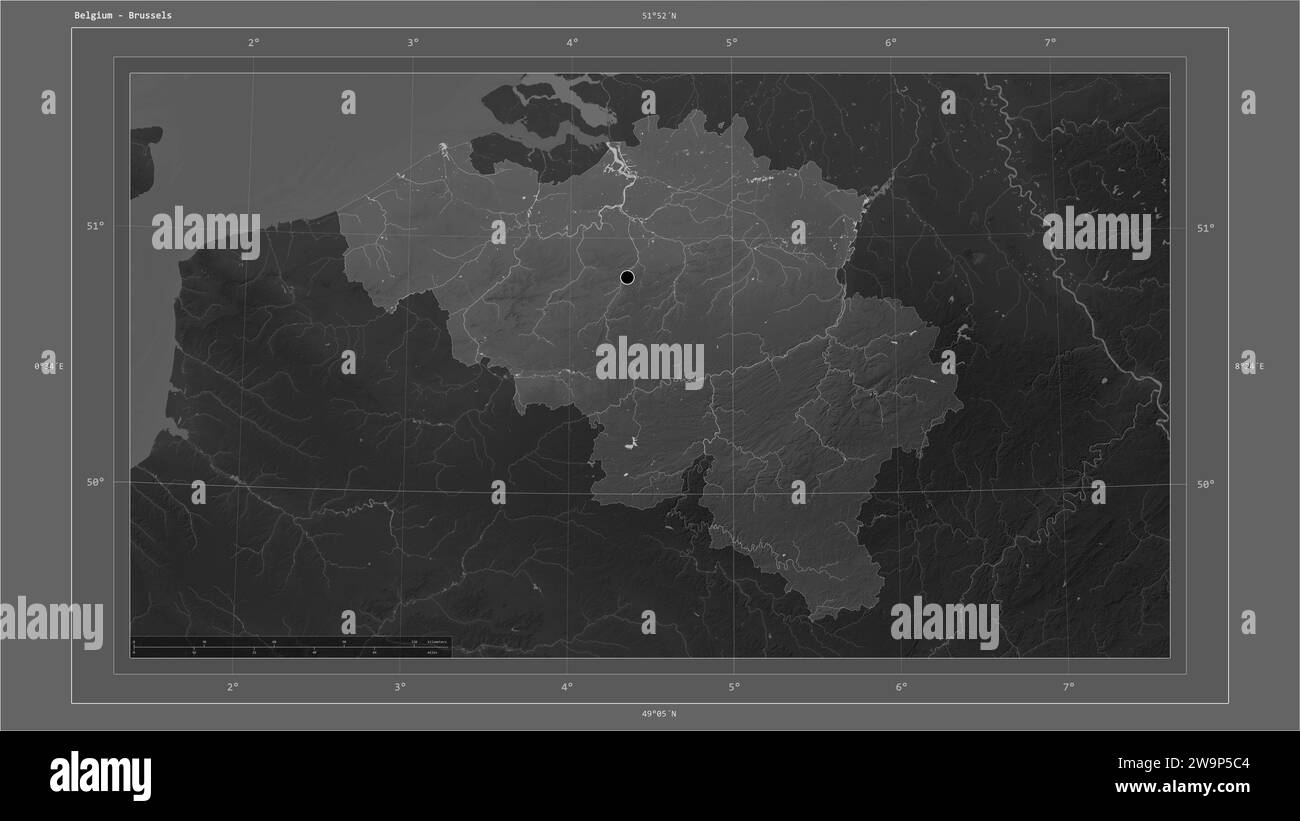 Belgium highlighted on a Grayscale elevation map with lakes and rivers ...