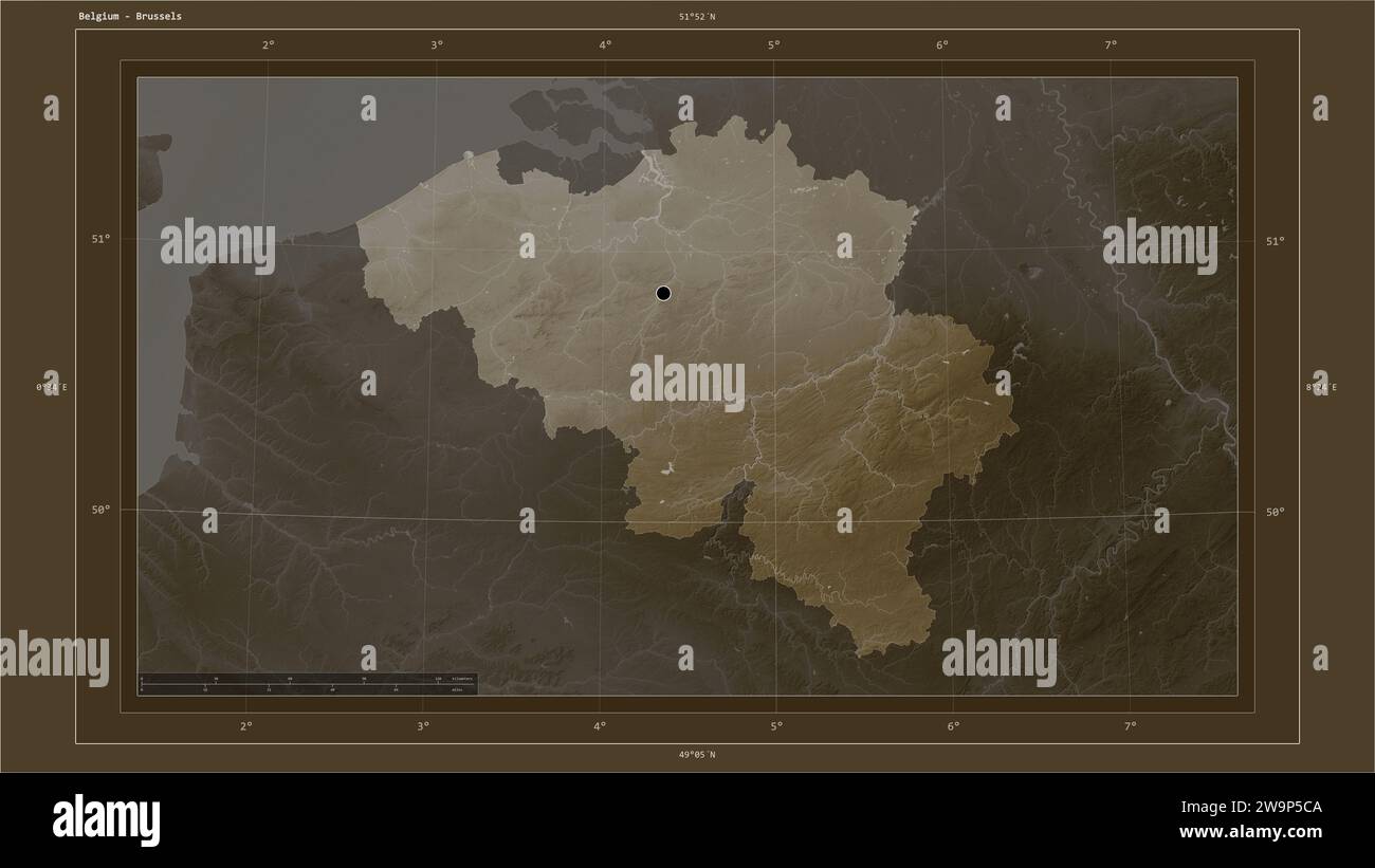 Belgium highlighted on a elevation map colored in sepia tones with ...