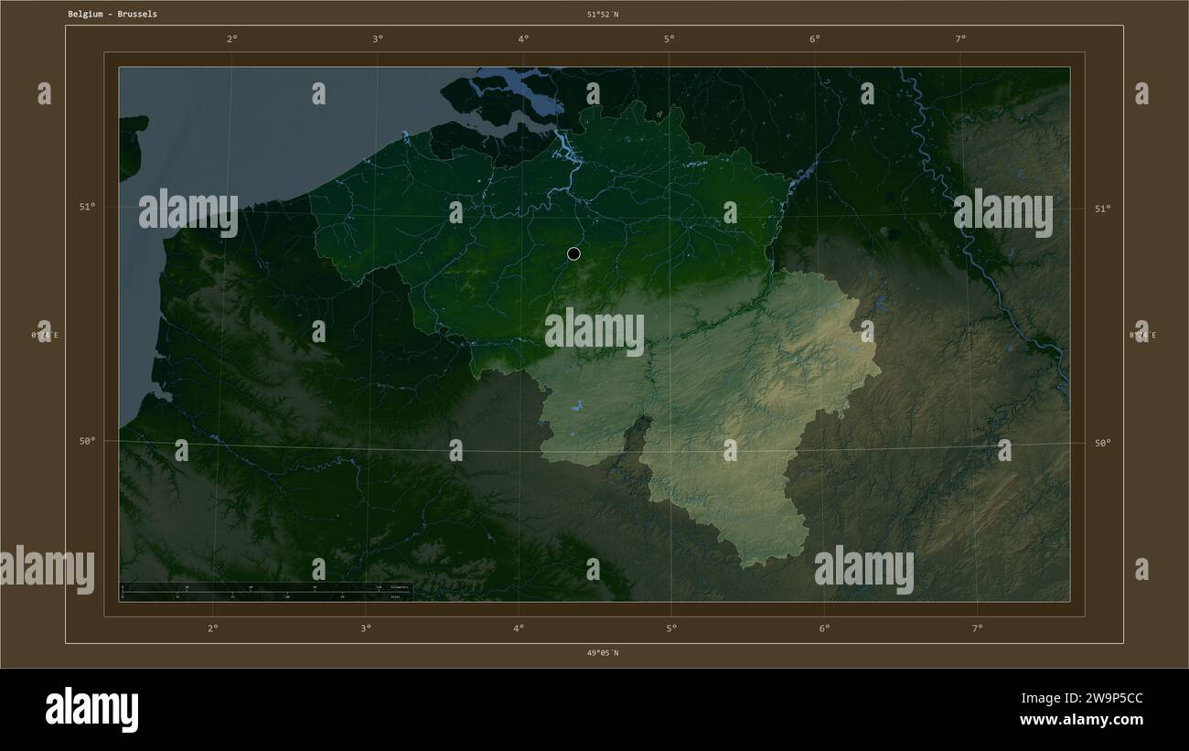 Belgium highlighted on a Colored elevation map with lakes and rivers ...