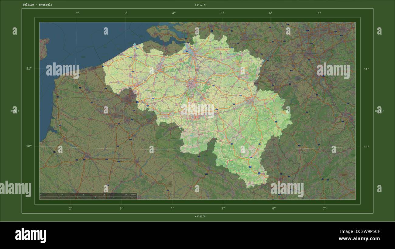 Belgium highlighted on a topographic, OSM Germany style map map with the country's capital point ...