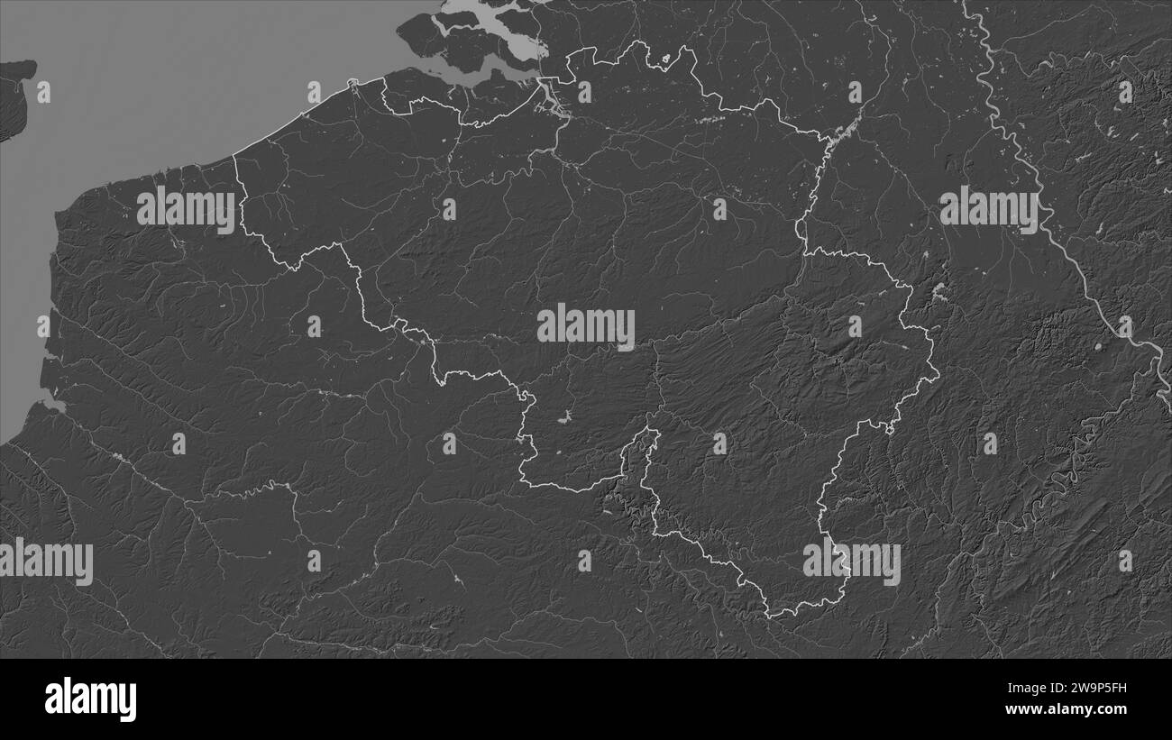 Belgium outlined on a Bilevel elevation map with lakes and rivers Stock ...