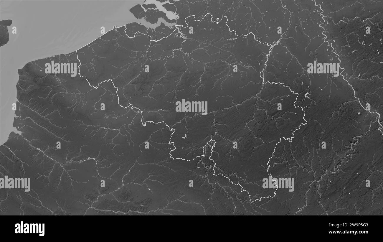 Belgium outlined on a Grayscale elevation map with lakes and rivers ...