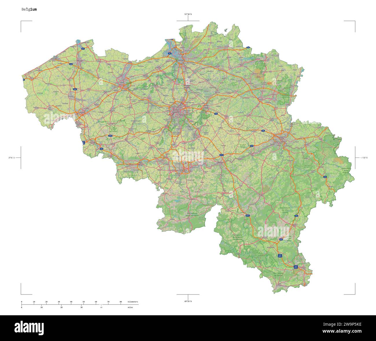 Shape of a topographic, OSM Germany style map of the Belgium, with ...