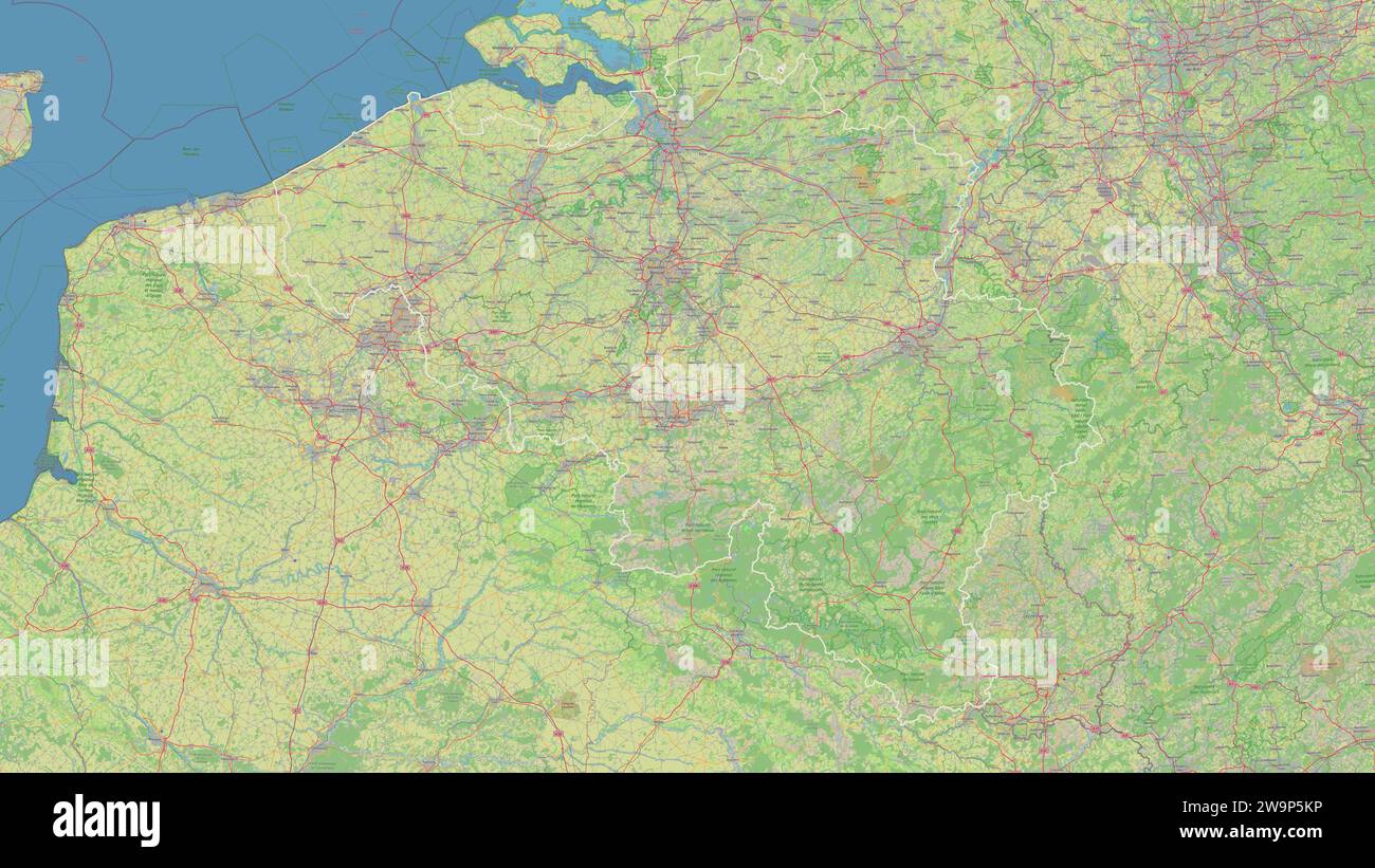 Belgium outlined on a topographic, OSM standard style map Stock Photo - Alamy