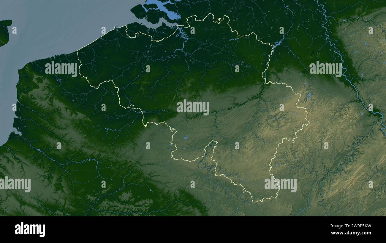 Belgium outlined on a Colored elevation map with lakes and rivers Stock Photo - Alamy