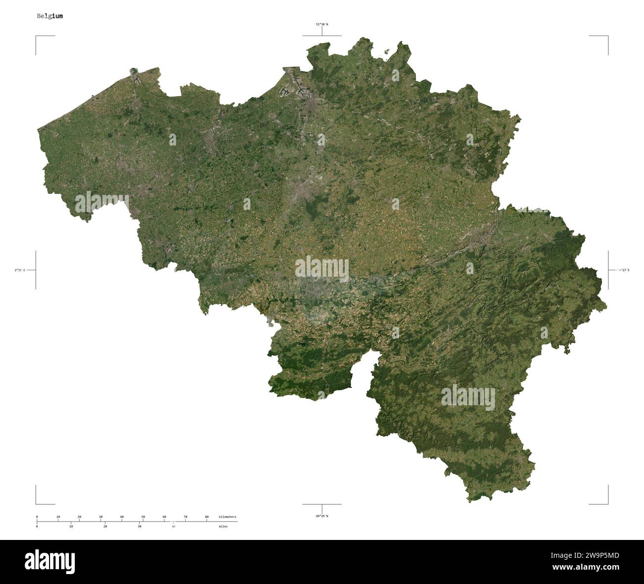 Shape of a low resolution satellite map of the Belgium, with distance scale and map border ...