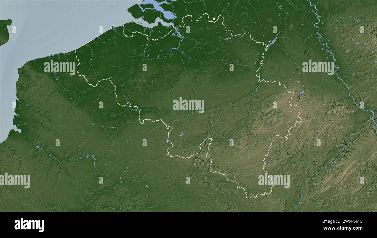Belgium outlined on a Pale colored elevation map with lakes and rivers ...