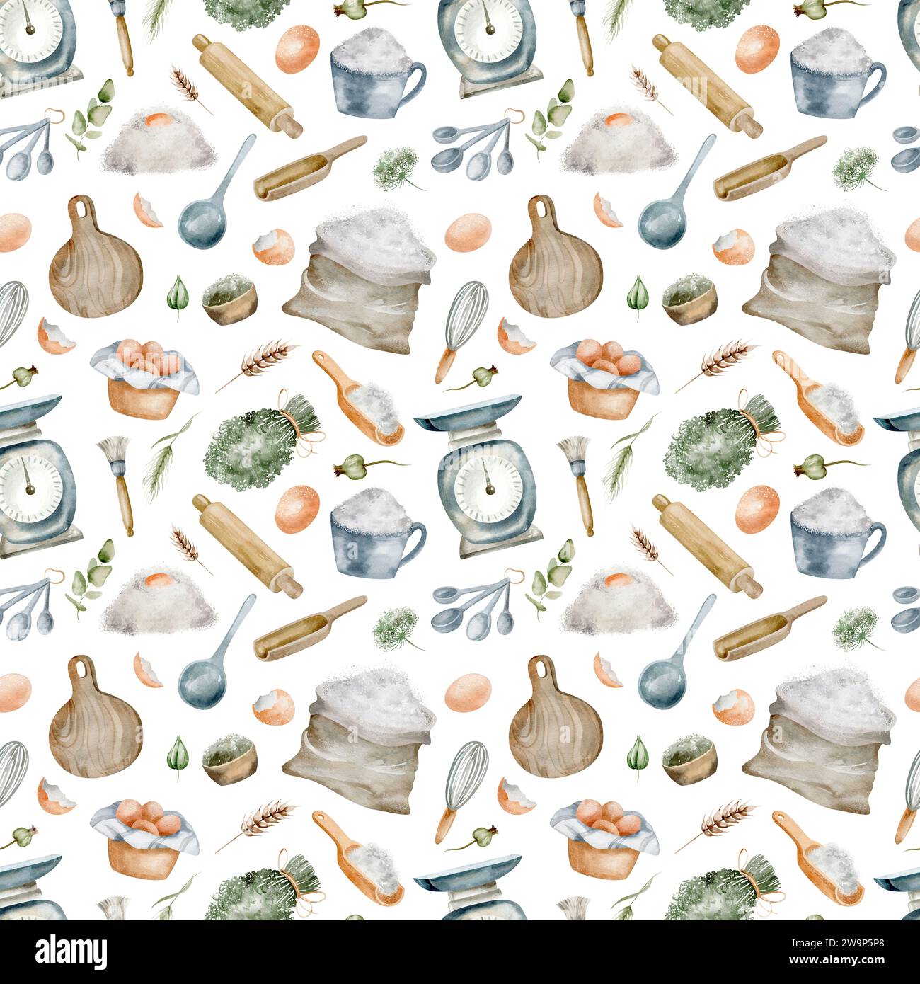 This watercolor seamless pattern bakery with ingredients on a white ...