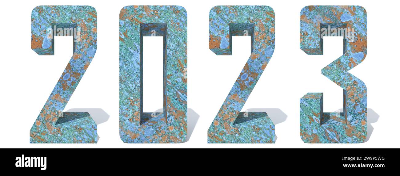 Conceptual 2023 year made of old, rusted metal isolated on white ...