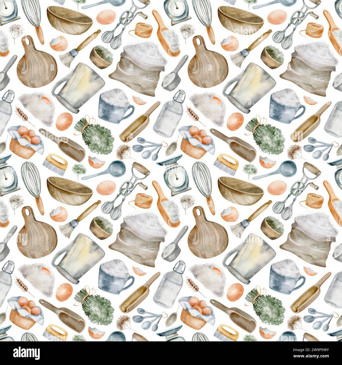 Watercolor seamless pattern with an assortment of utensils and baking ...
