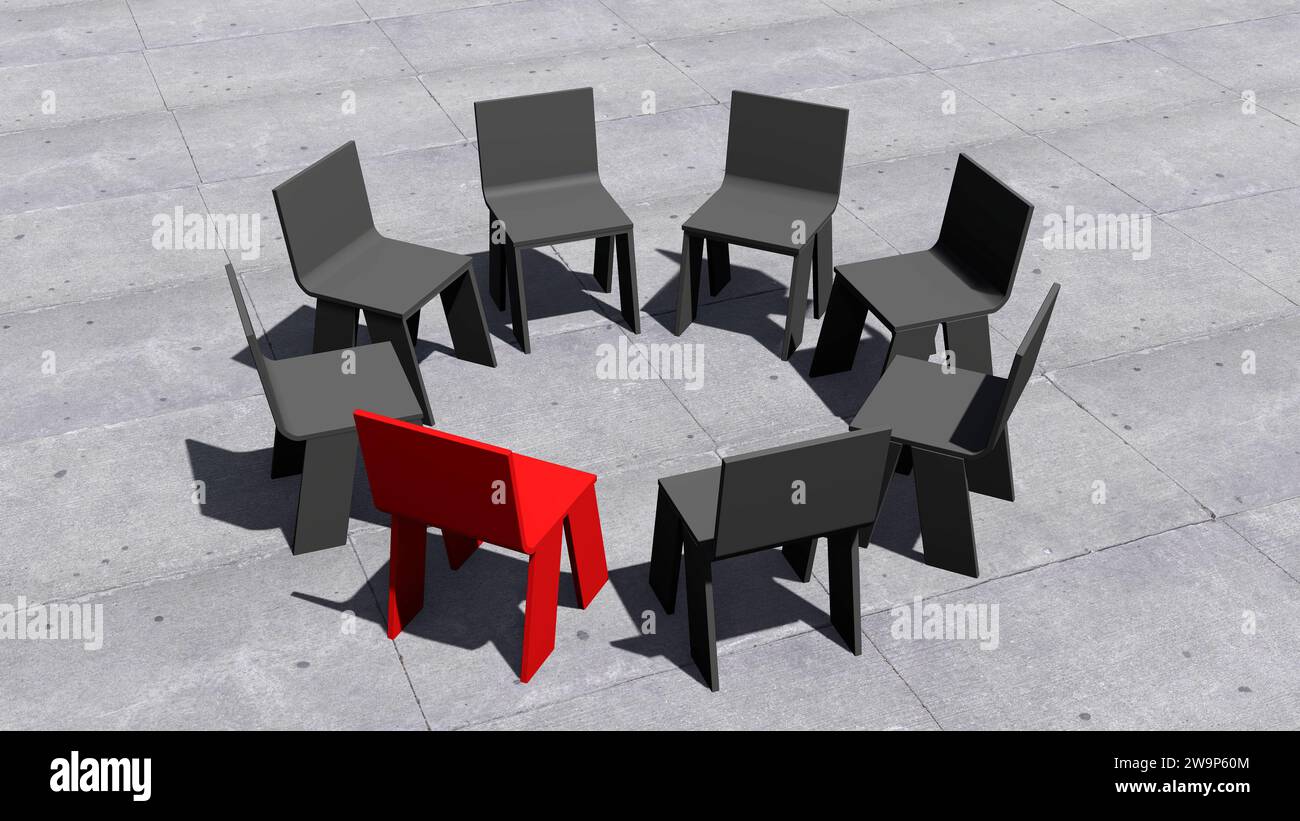Concept or conceptual red chair standing out in a meeting on a concrete ...