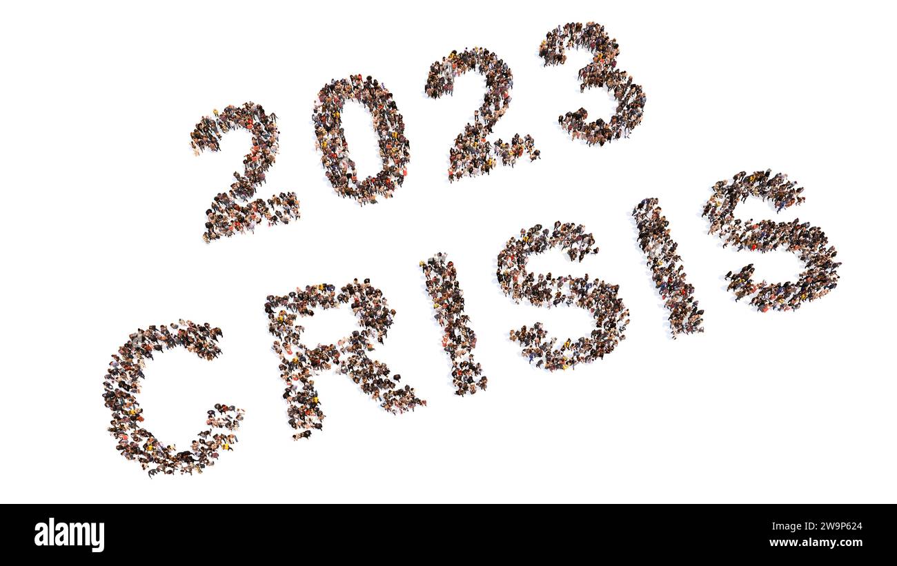 Concept or conceptual large community of people forming 2023 year. 3d ...