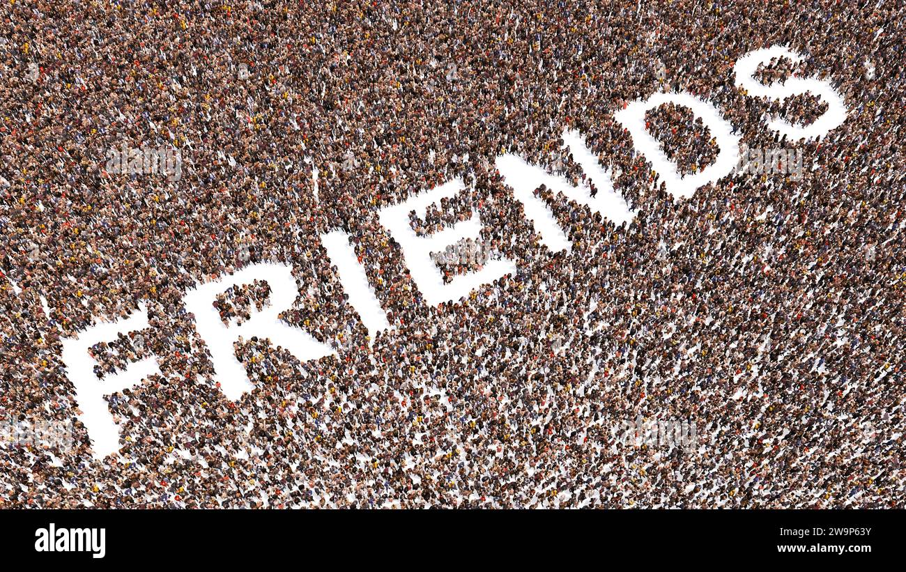 Conceptual large community of people forming the word FRIENDS. 3d ...