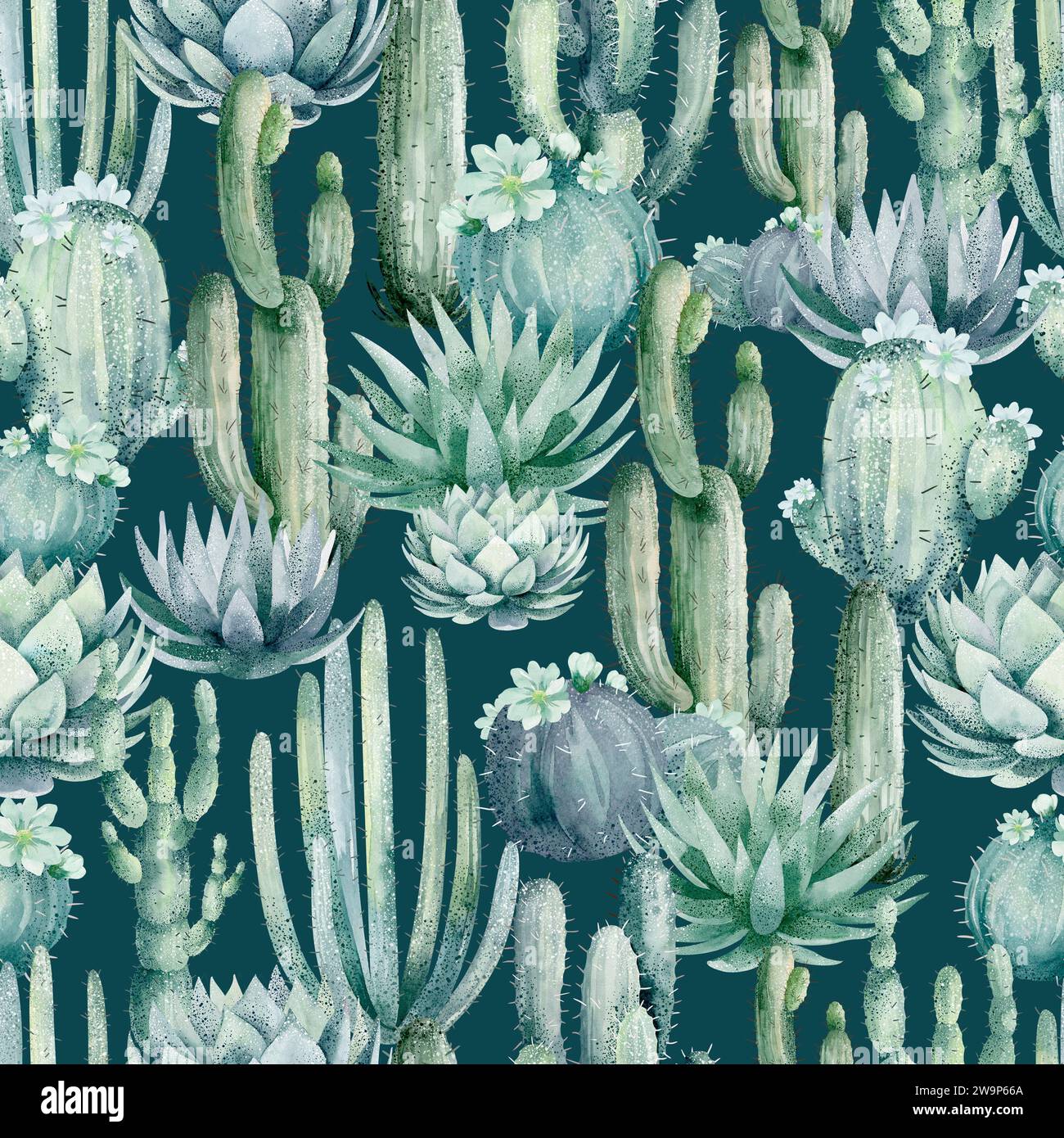 Seamless pattern of watercolor cacti and succulents of various shapes ...