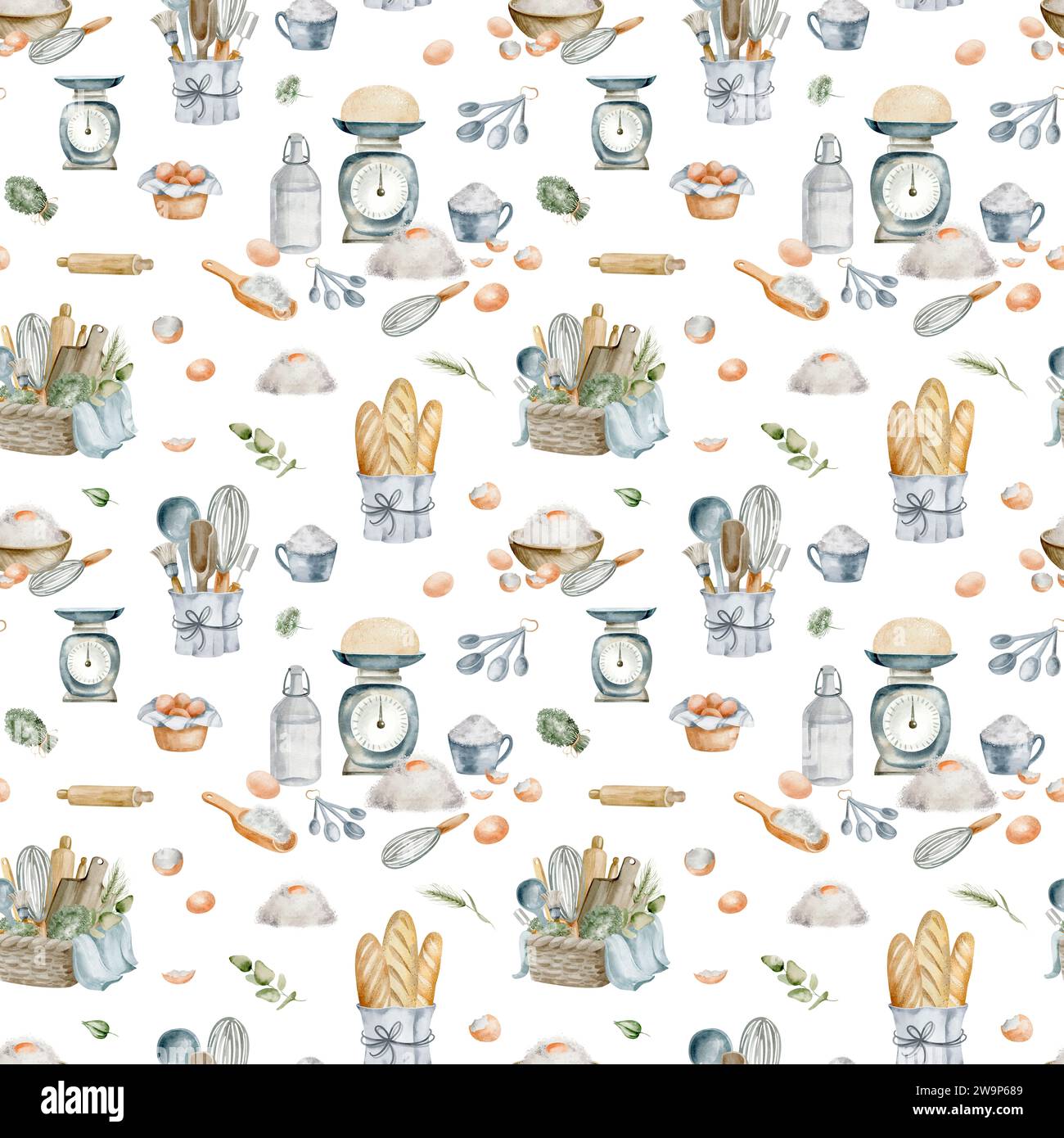 Watercolor seamless pattern with utensils and baking ingredients on a ...