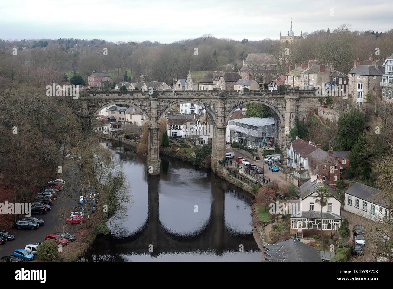 View of Knaresborough Viaduct from the castle, the viaduct reflected in ...