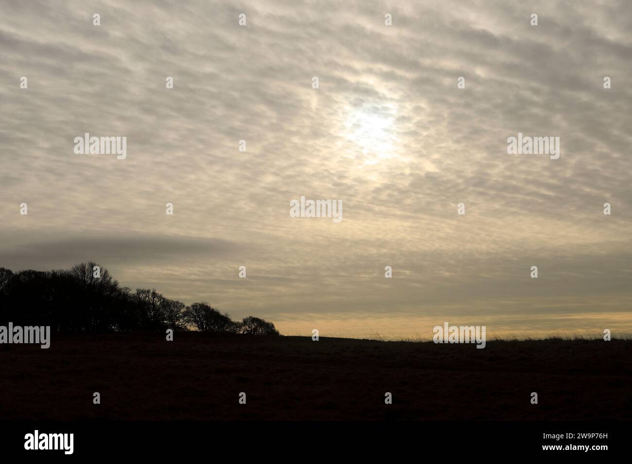 A cloudy winter sky with diagonal lines of cloud and the sun behind ...