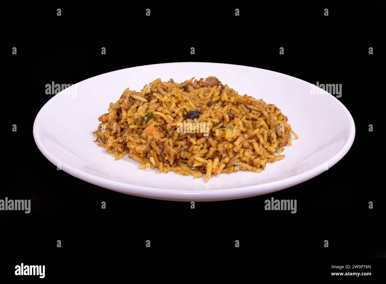 Sri Lankan biryani on a white plate against a black background Stock ...