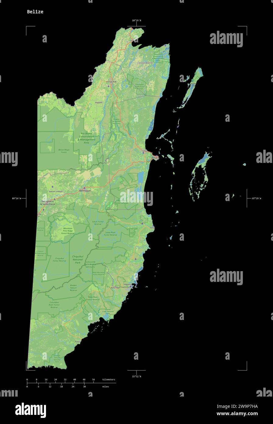 Shape of a topographic, OSM standard style map of the Belize, with ...